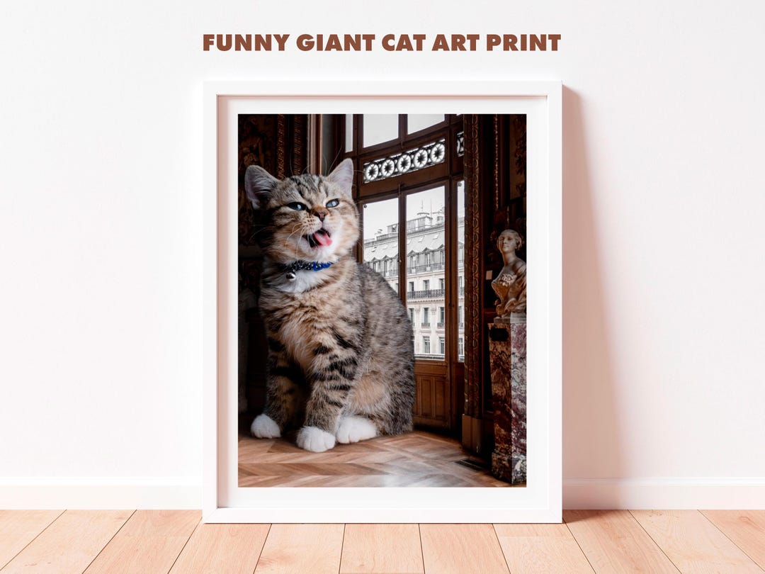 Cute Giant Tabby Cat Art Print, Whimsical Paris Artwork, Funny Kitten ...