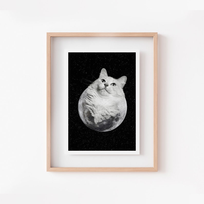 Full Moon Cat Print | Space Art | White Cat | Space Art | Lunar Print ...