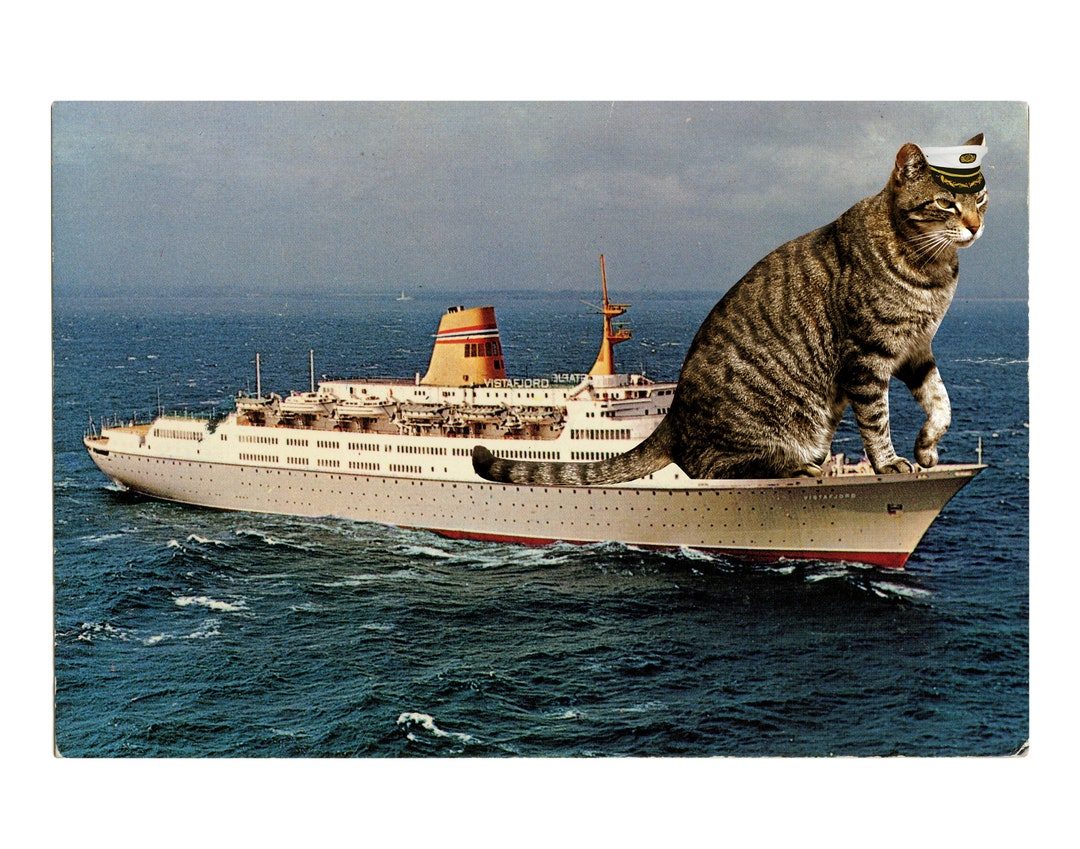 Nautical Cat Art Print, Collage Artwork, Ocean Travel, Bon Voyage ...