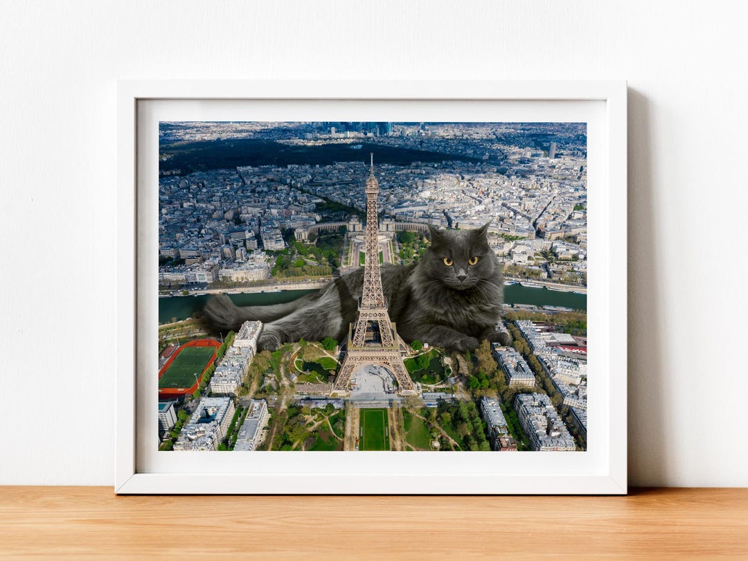 Lazy in Paris (cat Art Print, Paris Travel, Retro, Eiffel Tower ...