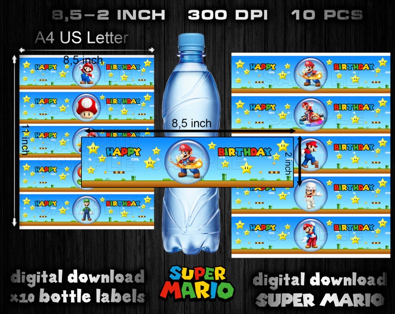 Super Mario Bottle Labels: Birthday Party Wrappers (digital Download ...