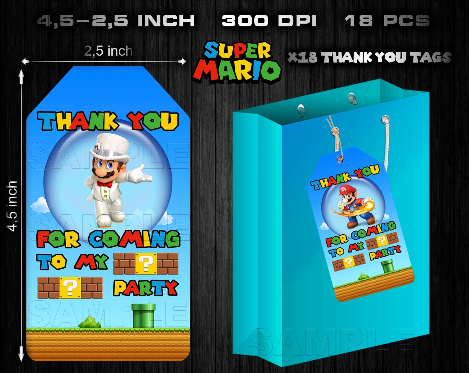 Mario Favor Tags, Digital Mario Birthday Party Thank You Tags ...