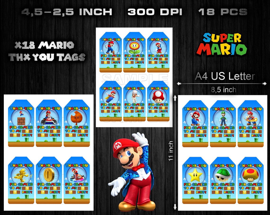 Mario Favor Tags Digital Mario Birthday Party Thank You Tags | Etsy