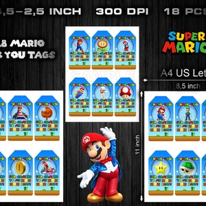 Mario Favor Tags, Digital Mario Birthday Party Thank You Tags ...