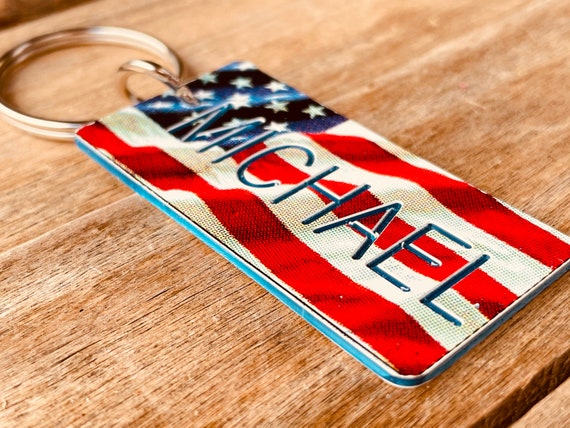 Personalized Engraved US Flag Keychain Key Ring Key Tag | Etsy