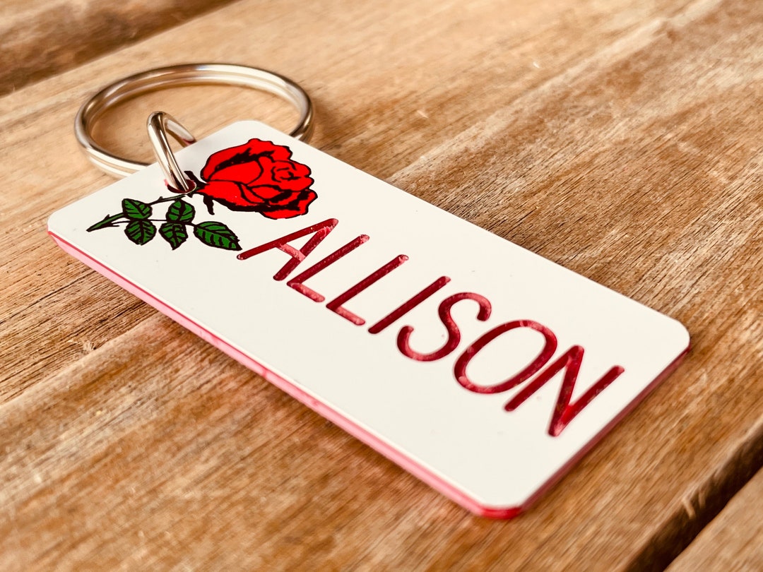 Personalized Engraved Red Rose Keychain - Key Ring - Key Tag - Any Name ...