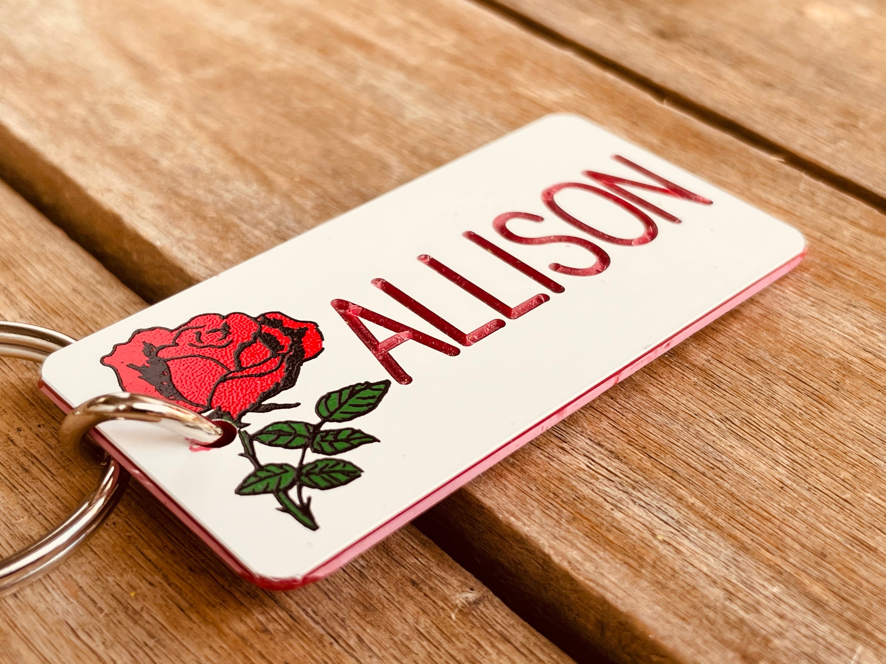 Personalized Engraved Red Rose Keychain Key Ring Key Tag | Etsy
