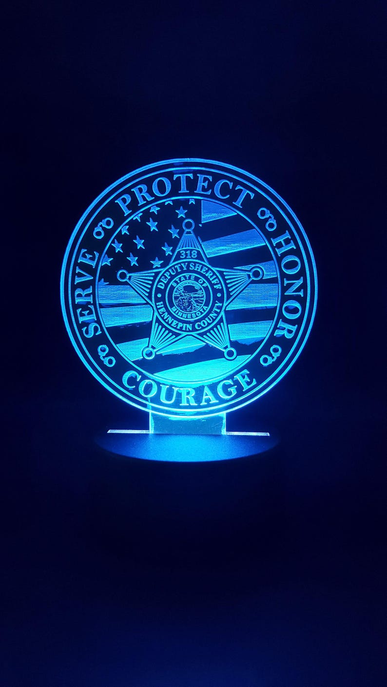 Custom Engraved Police Badge Acrylic Lighted Plaque, US Flag, Night ...