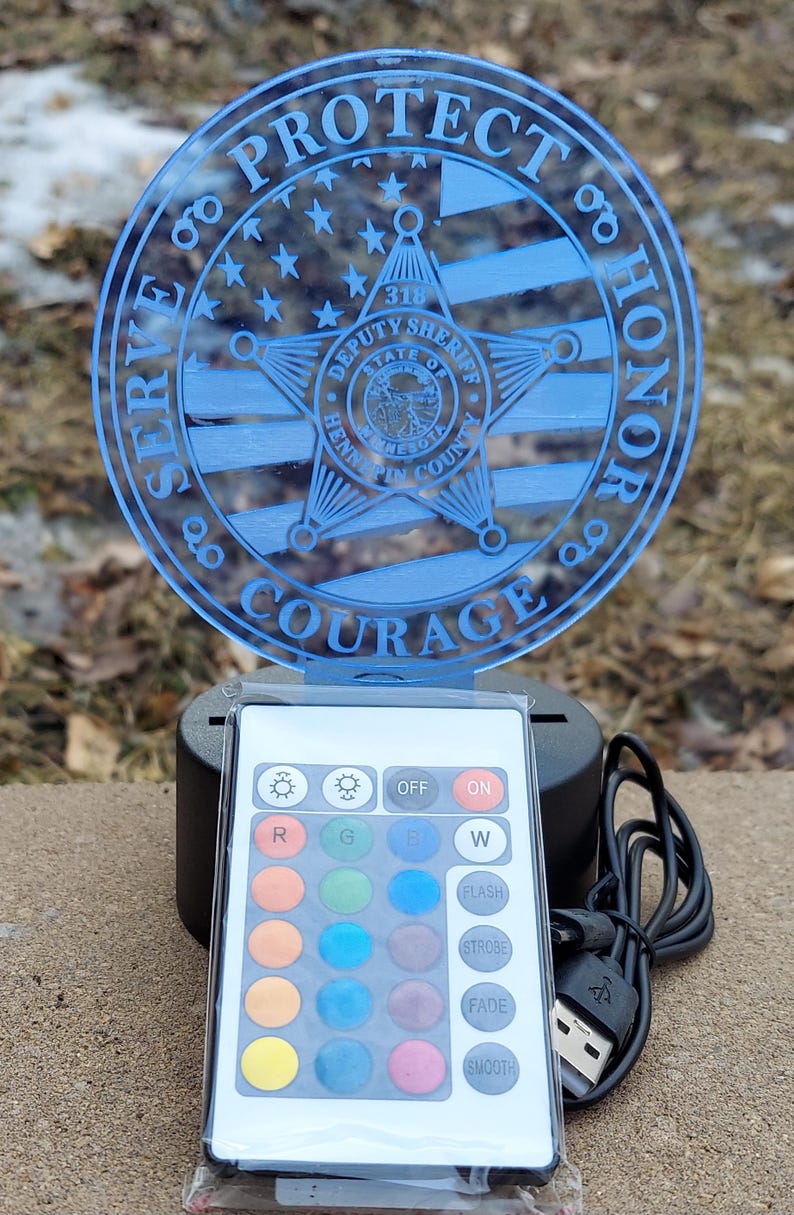 Custom Engraved Police Badge Acrylic Lighted Plaque, US Flag, Night ...