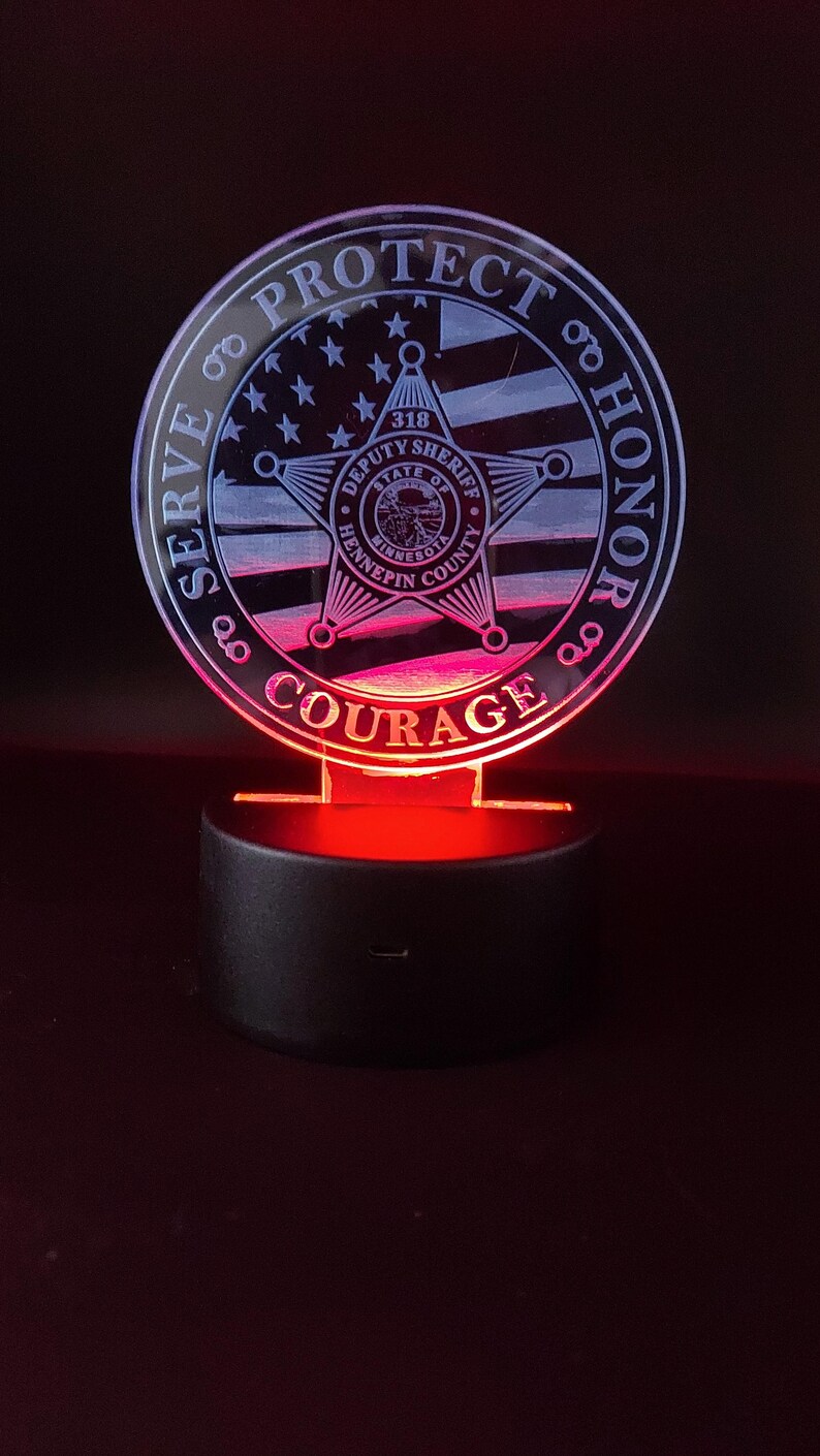 Custom Engraved Police Badge Acrylic Lighted Plaque, US Flag, Night ...