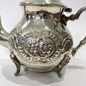 Vintage Moroccan Teapot Handmade Silver Plated Alpaca Engraved Moroccan ...