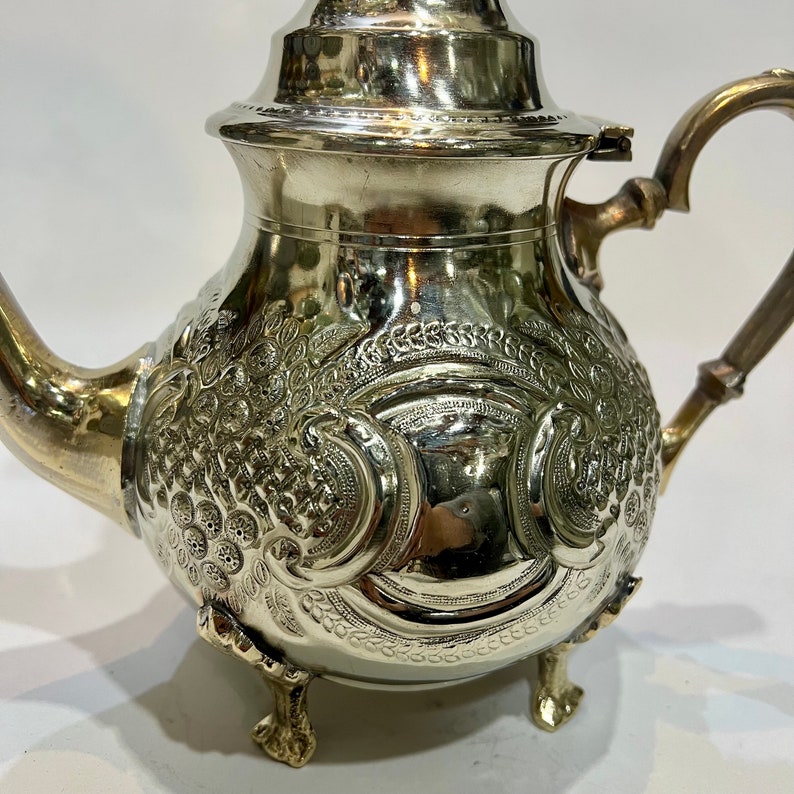 Vintage Moroccan Teapot Handmade Silver Plated Alpaca Engraved Moroccan ...