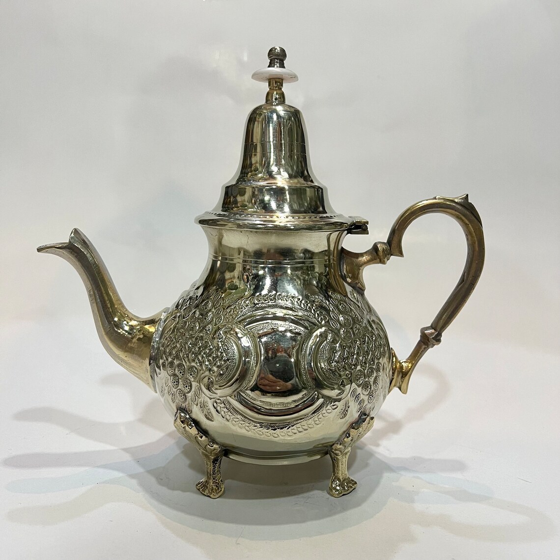 Vintage Moroccan Teapot Handmade Silver Plated Alpaca Engraved Moroccan ...