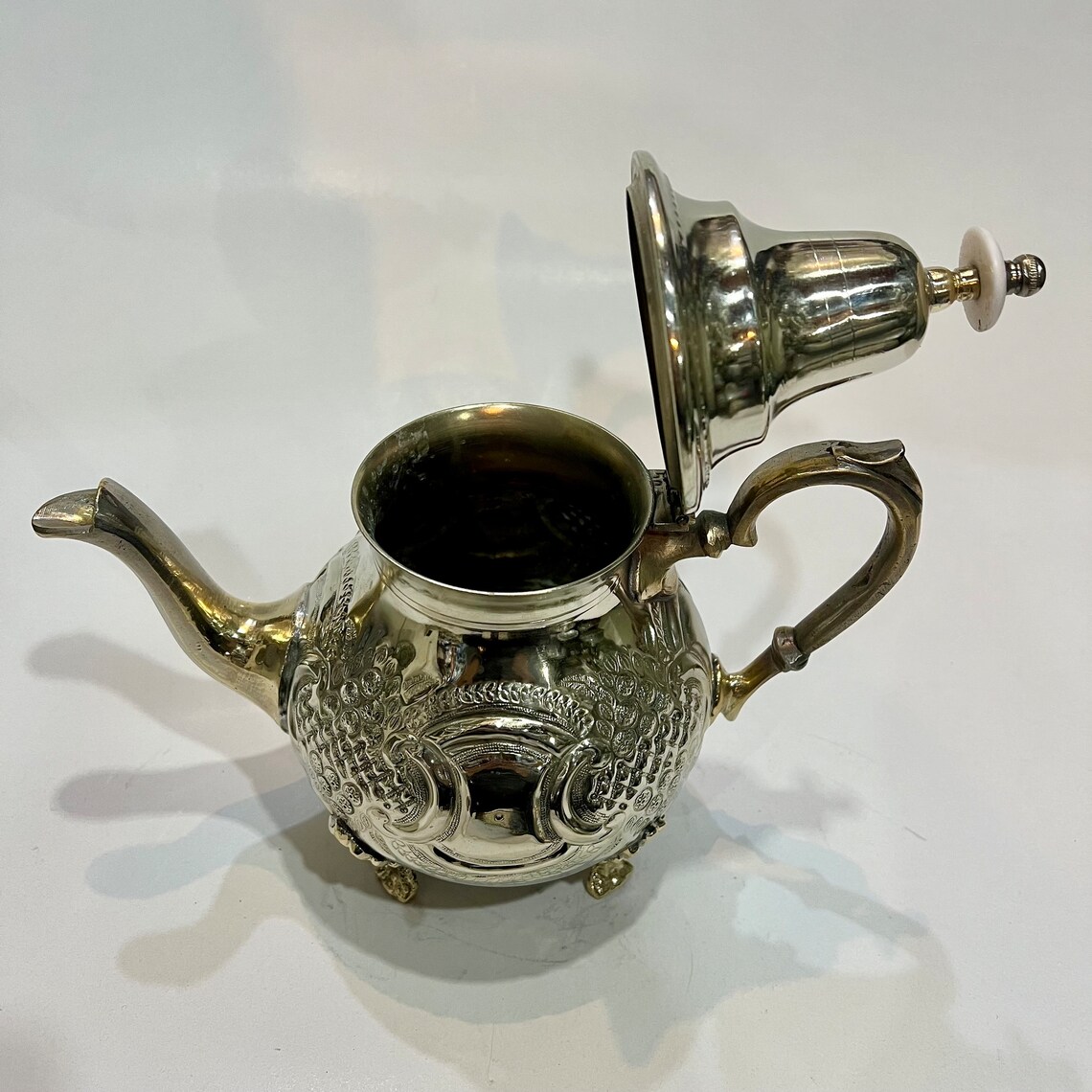 Vintage Moroccan Teapot Handmade Silver Plated Alpaca Engraved Moroccan ...