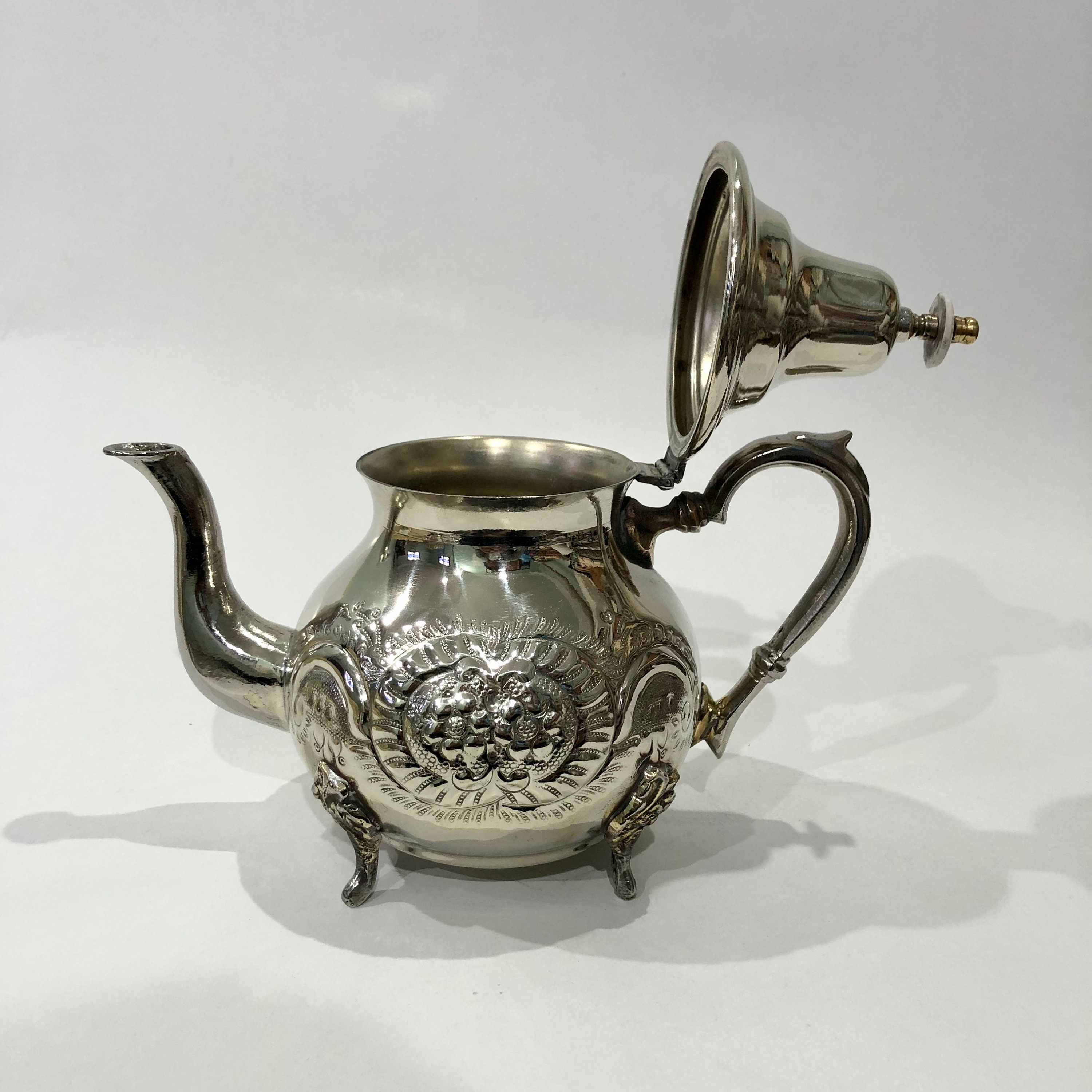 Vintage Moroccan Teapot Handmade Silver Plated Alpaca Engraved Moroccan ...