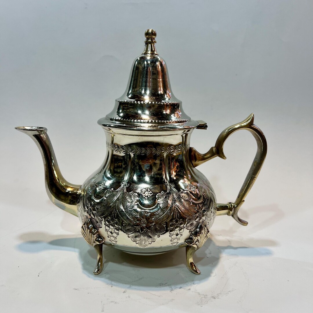 Vintage Moroccan Teapot Handmade Silver Plated Alpaca Engraved Moroccan ...