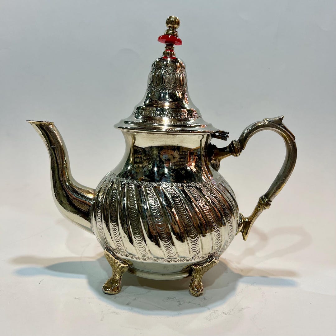 Vintage Moroccan Teapot Handmade Silver Plated Alpaca Engraved Moroccan ...