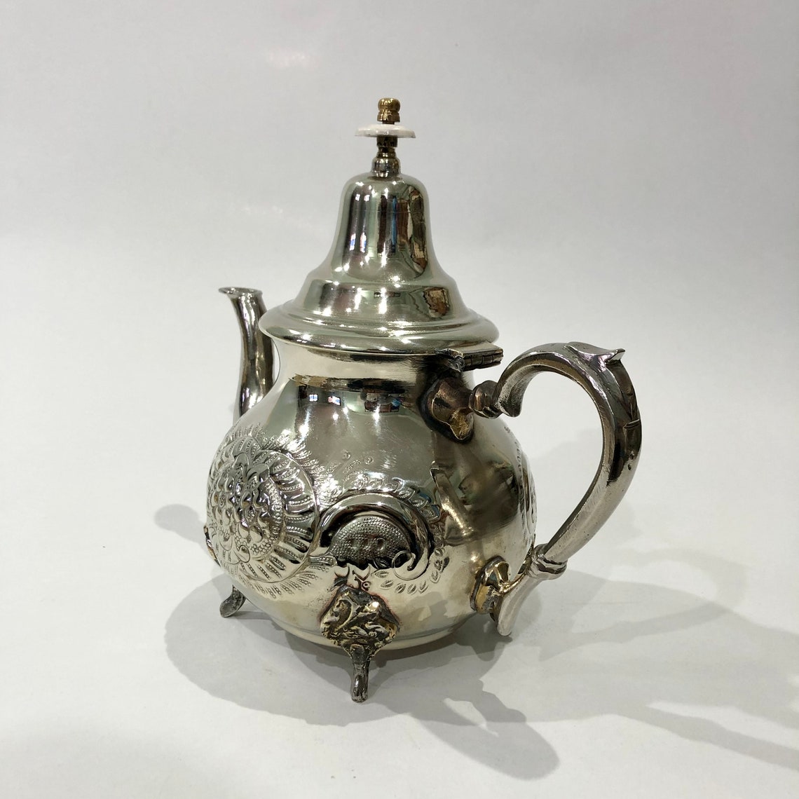 Vintage Moroccan Teapot Handmade Silver Plated Alpaca Engraved Moroccan ...