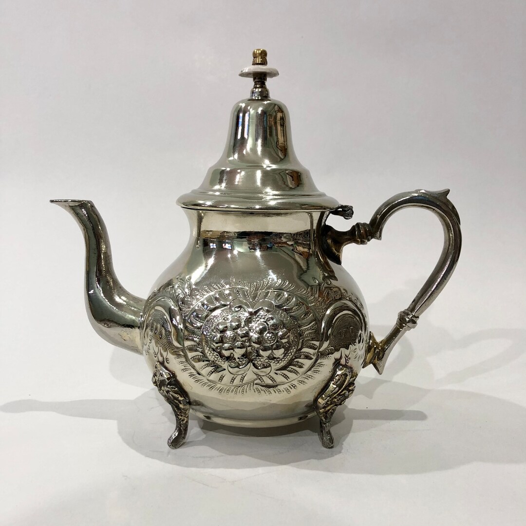 Vintage Moroccan Teapot Handmade Silver Plated Alpaca Engraved Moroccan ...
