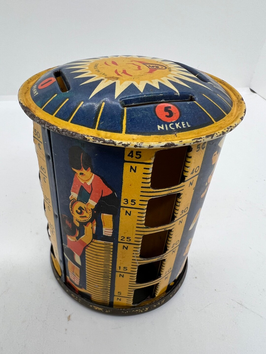 1930’s Metal Money Saving Tin Children’s Rotating Coin Bank, Sunburst ...