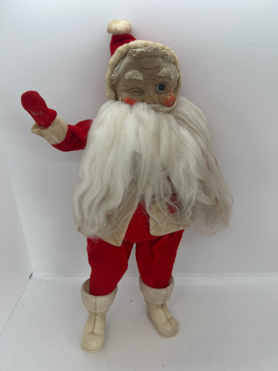 Vintage Christmas Winking Santa Claus Felt Chenille Fuzzy Beard 14 ...