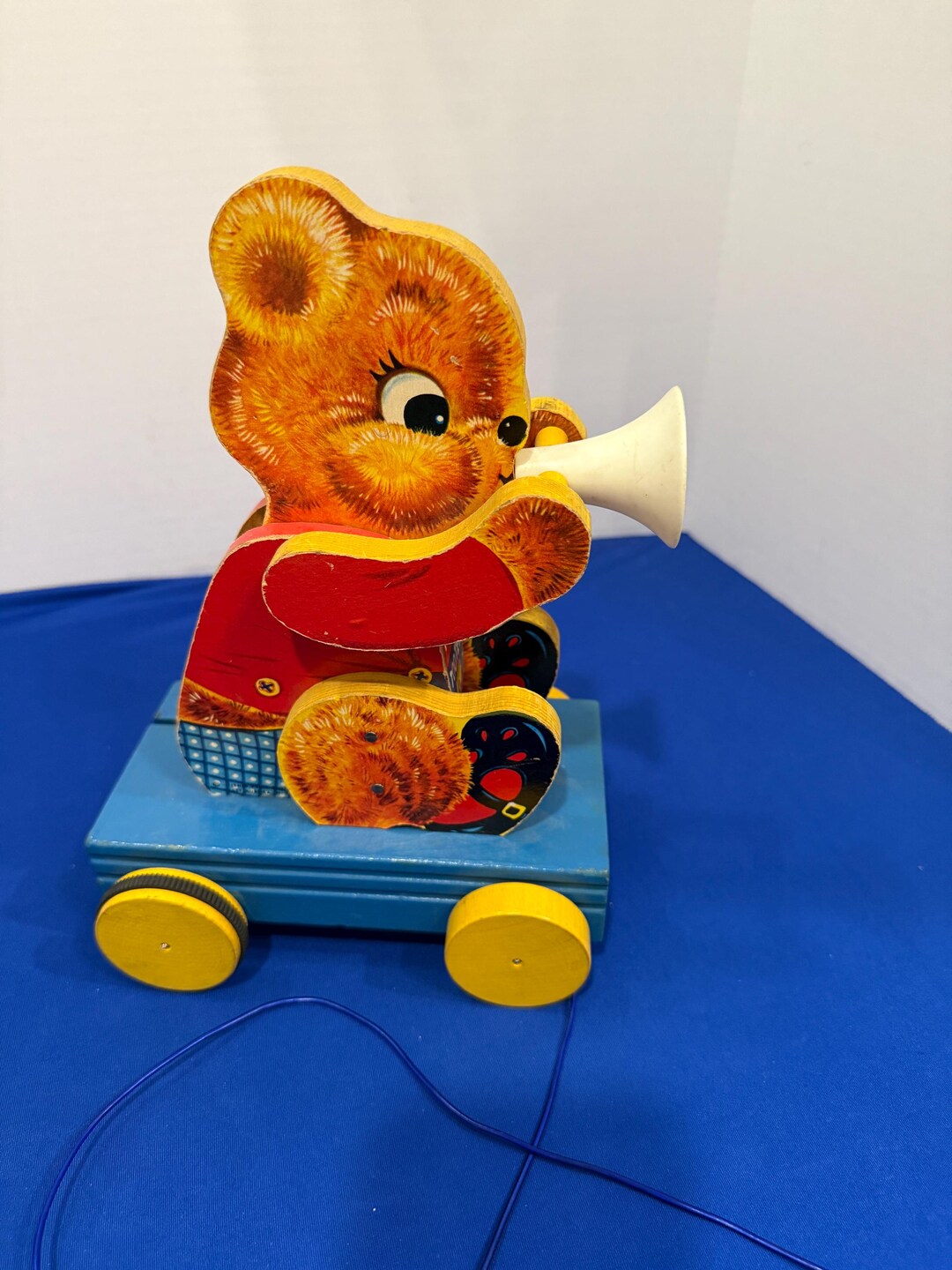 Vintage Fisher-price Teddy Tooter Pull Toy: Wood Bear, Working Horn ...
