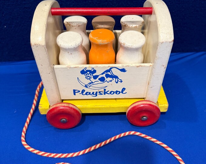 Vintage 1960’s Playskool Wooden Dinky Dairy Pull Toy, a Toy Milk Wagon ...