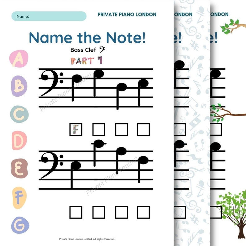 Music Theory for Children - Name the Note! Bass Clef (5 Worksheets) - Etsy