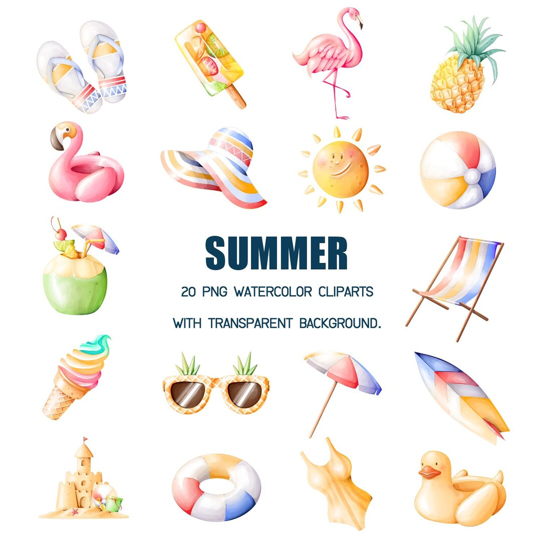 Watercolor Summer Beach Clipart, Tropical Summer Vacation PNG, Travel ...
