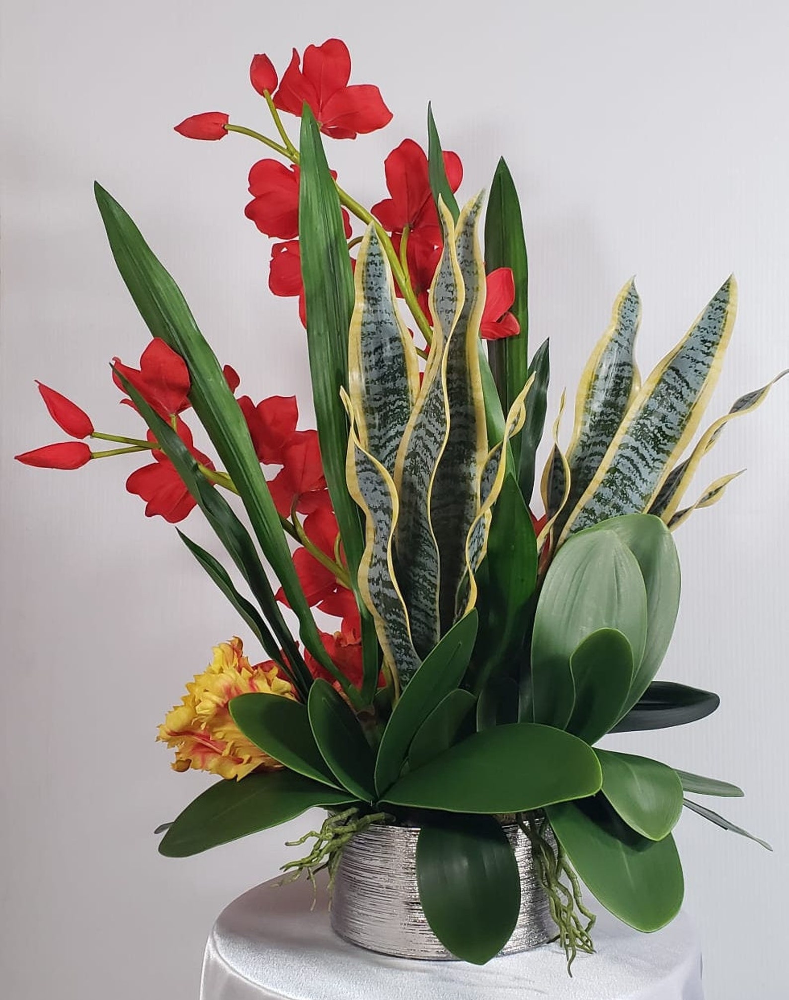 Artificial Flower Arrangement in Silver Metal Decorated Vase With Red ...