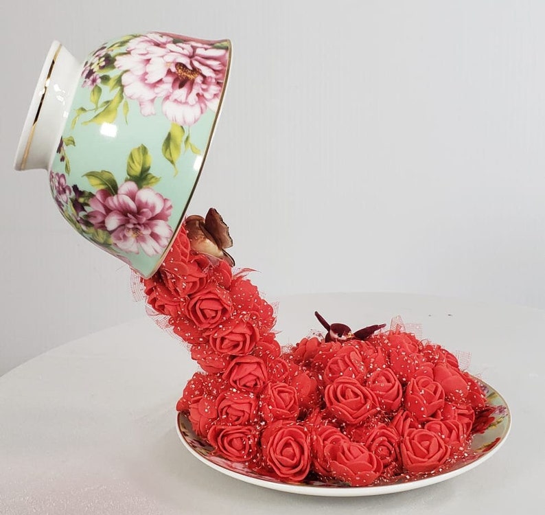 Floating Teacup Waterfall Pouring Foam Flowers Gift Home Décor Tea ...