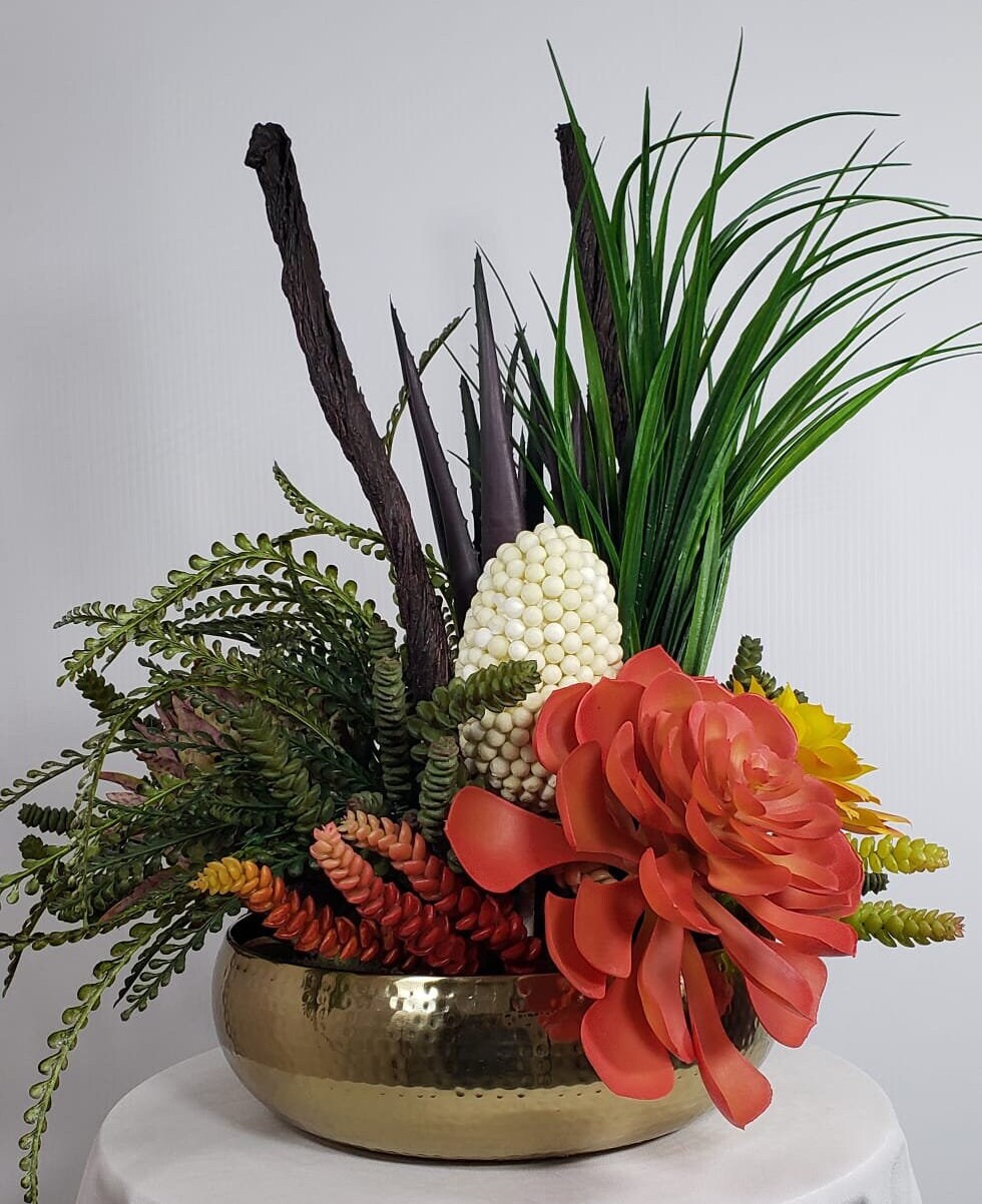Artificial Flower Arrangement With Round SS Metal Vase, Fashion Design ...