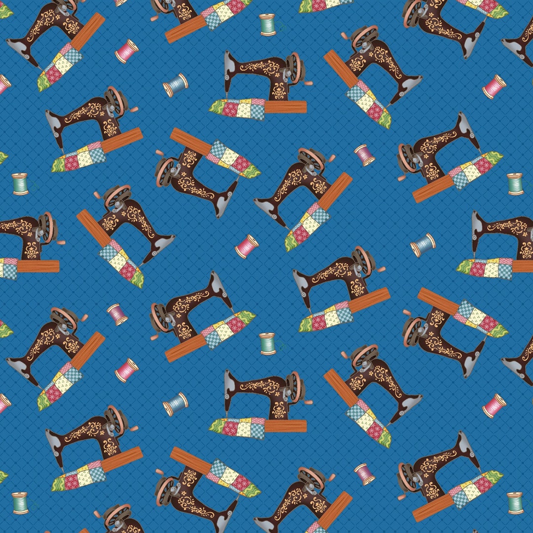 Sew Let's Stitch Blue Sewing Machines Fabric Designed by Sandy Lee for ...