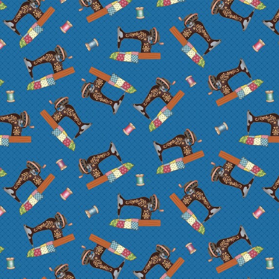 Sew Let's Stitch Blue Sewing Machines Fabric Designed by | Etsy