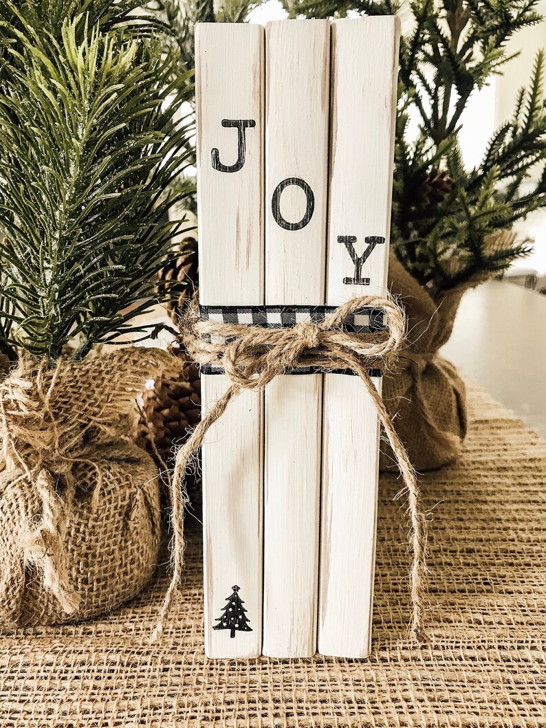Stamped Christmas Book Stack: Rustic Holiday Bookshelf Decor ...