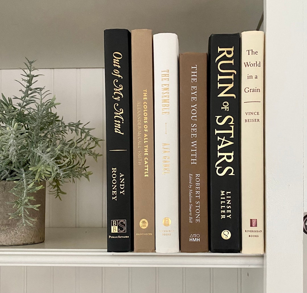Black and Tan Book Interior Staging, Floating Shelf Books, Minimalist ...