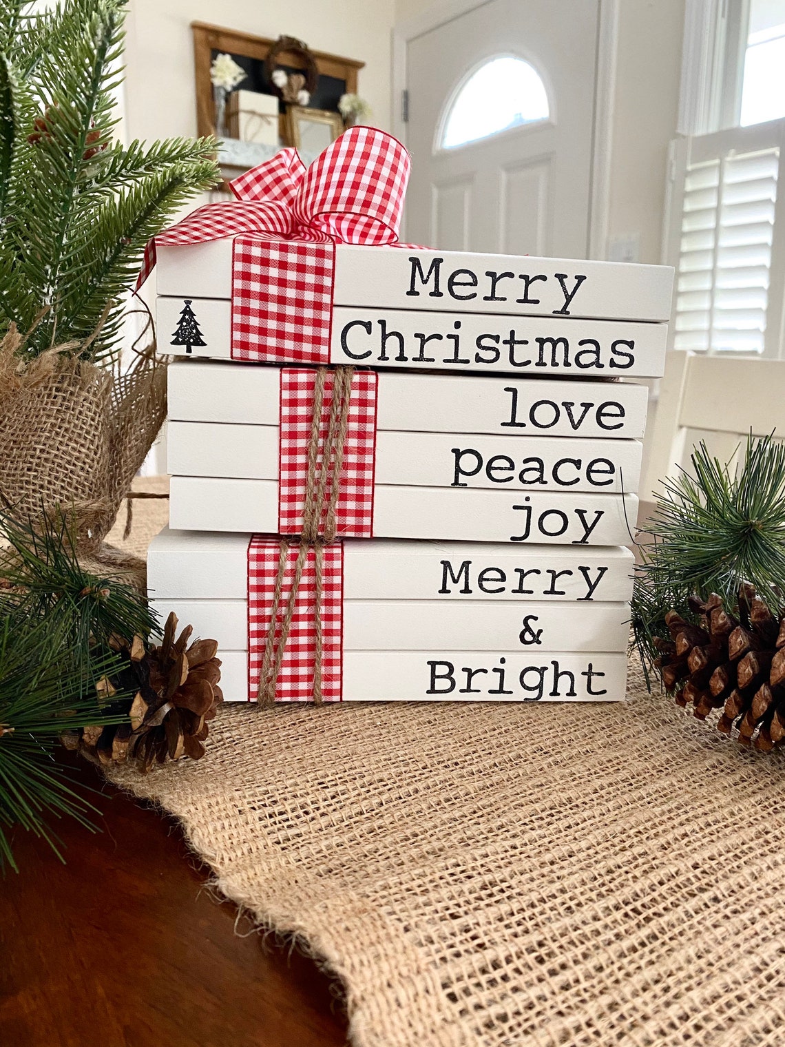Stamped Christmas Book Stack: Rustic Holiday Bookshelf Decor ...