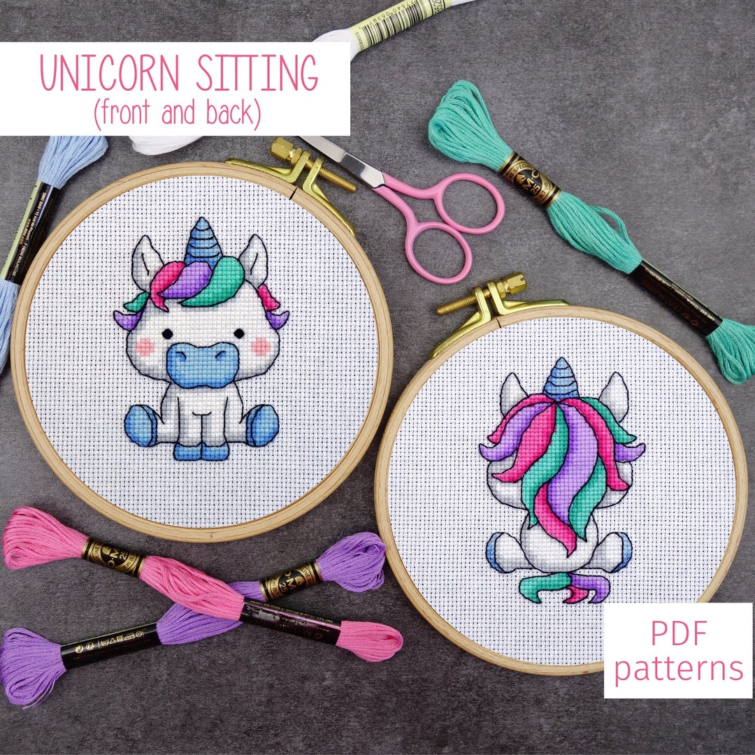 Cute Sitting Unicorn Cross Stitch Pattern Set (includes Front and Back ...