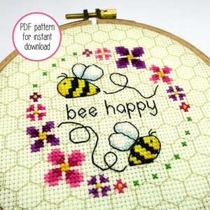 Cute Bee Happy Cross Stitch Pattern Easy Mini Cross Stitch PDF Pattern ...