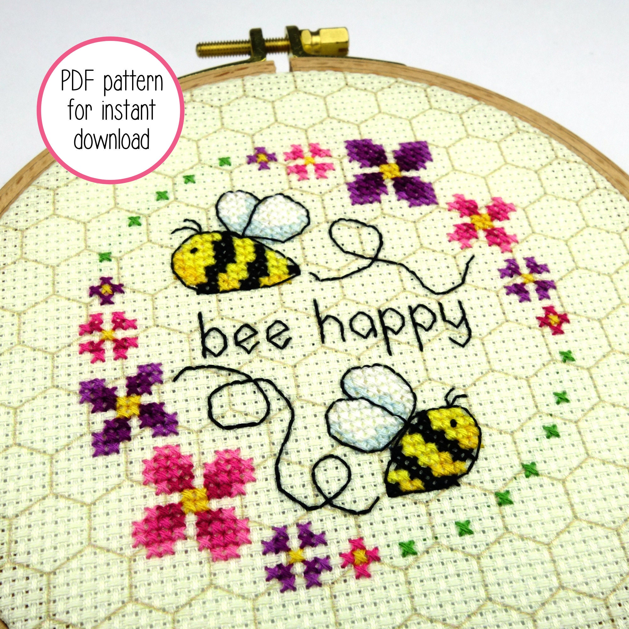 Patterns Printable PDF Download Bee Happy Mini Cross Stitch Pattern Sewing & Fiber Cross Stitch ...