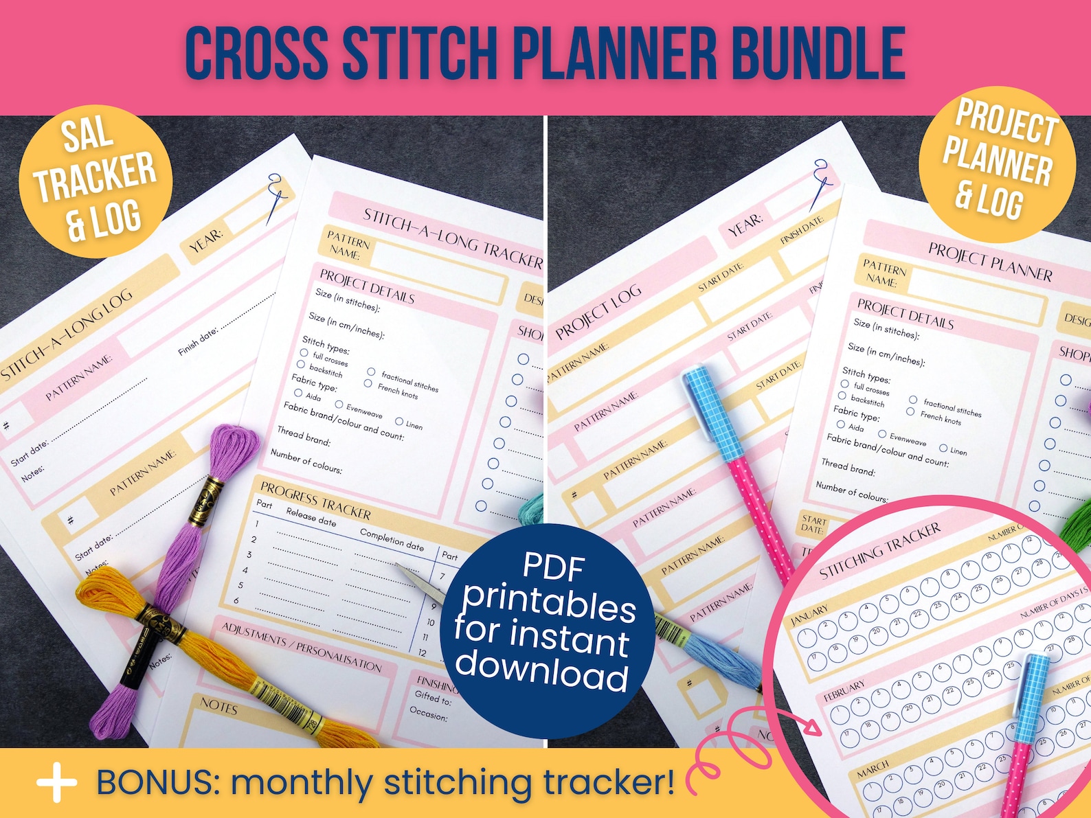 Cross Stitch Planner Sheet Bundle: Project Planner + Log, SAL Planner ...