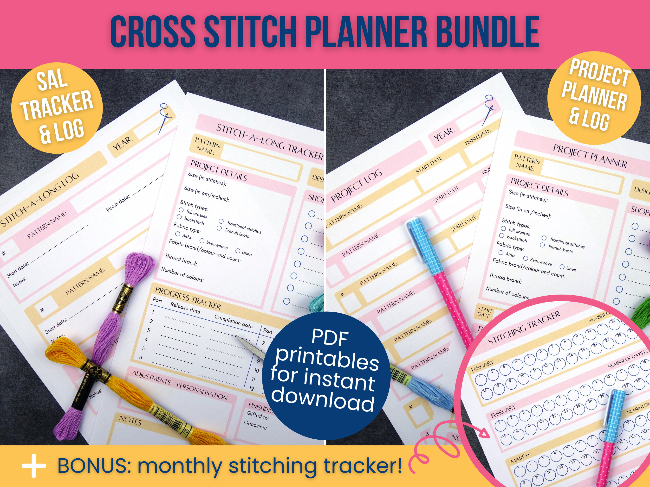 Cross Stitch Planner Sheet Bundle: Project Planner + Log, SAL Planner ...