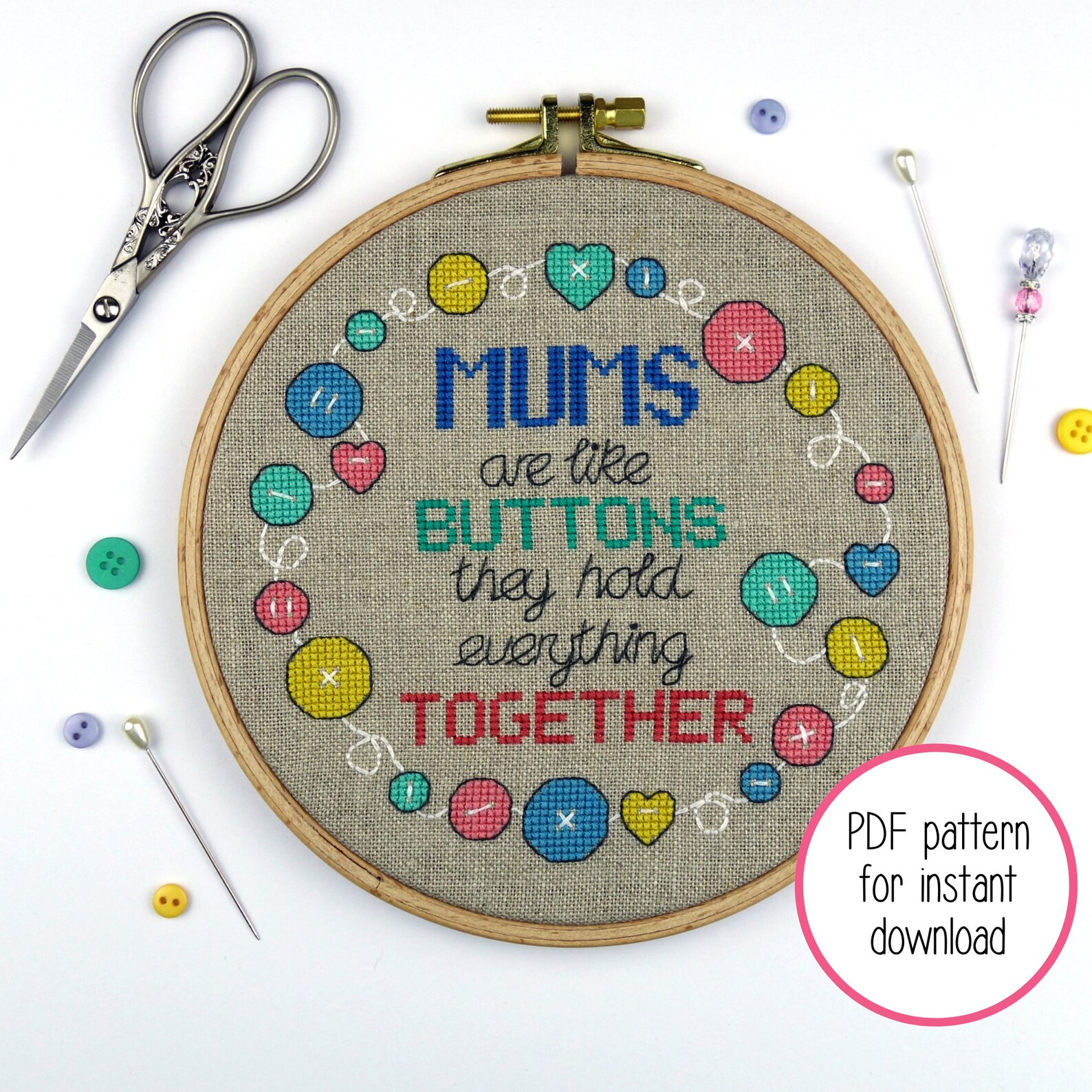 Mums Are Like Buttons Quote Cross Stitch Pattern | Modern Cross Stitch ...