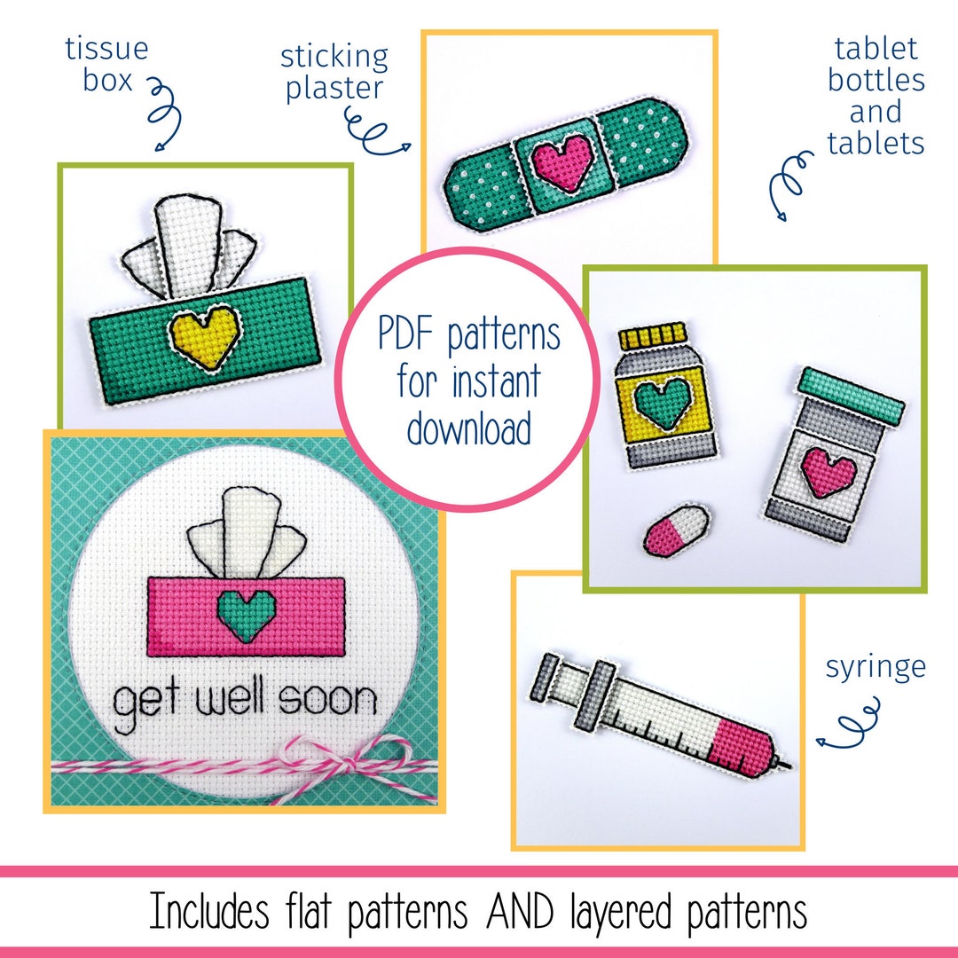 Get Well Soon Cross Stitch Pattern for Plaster, Tissue Box, Tablet ...