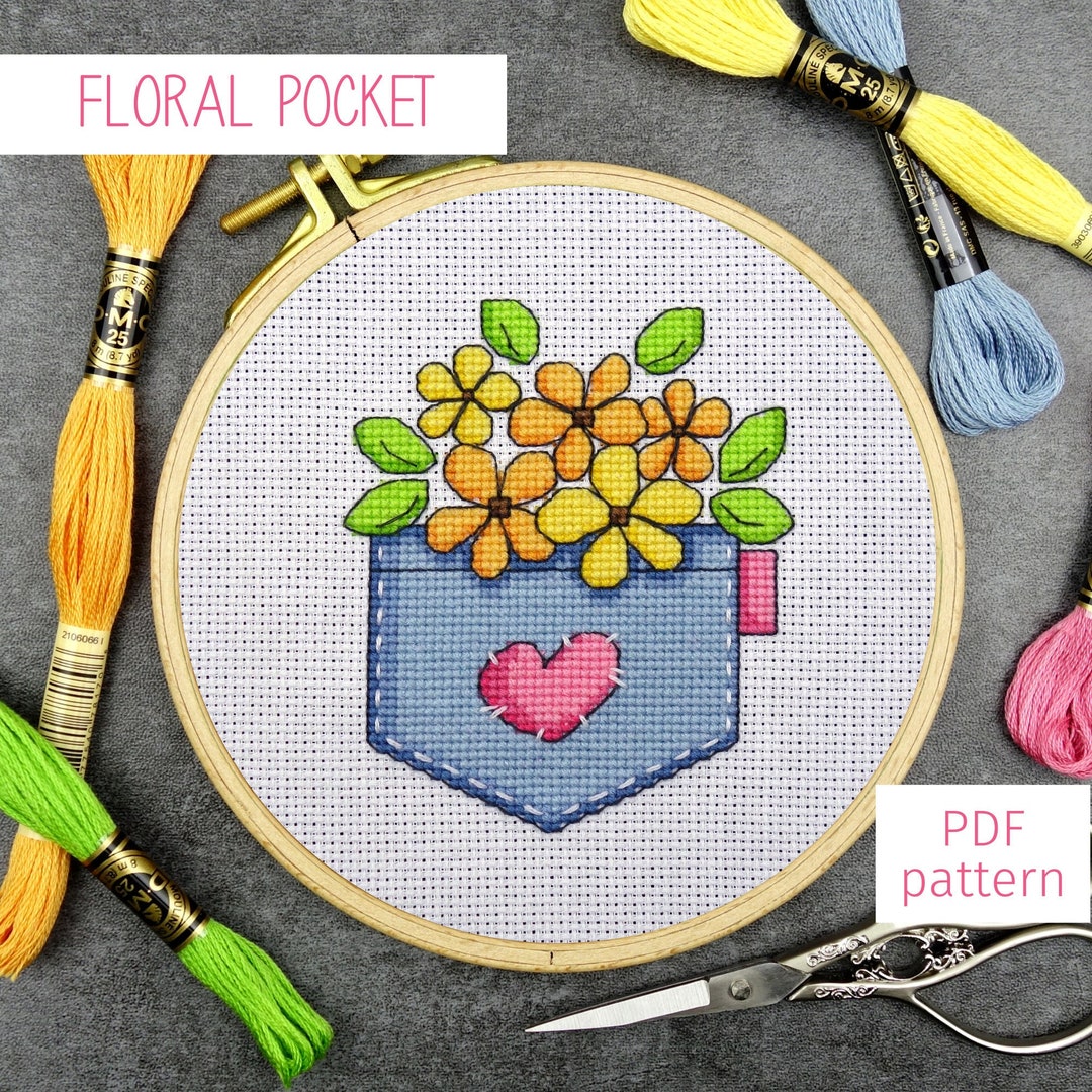Modern Floral Pocket Cross Stitch Pattern, Colourful Flowers in Pocket ...