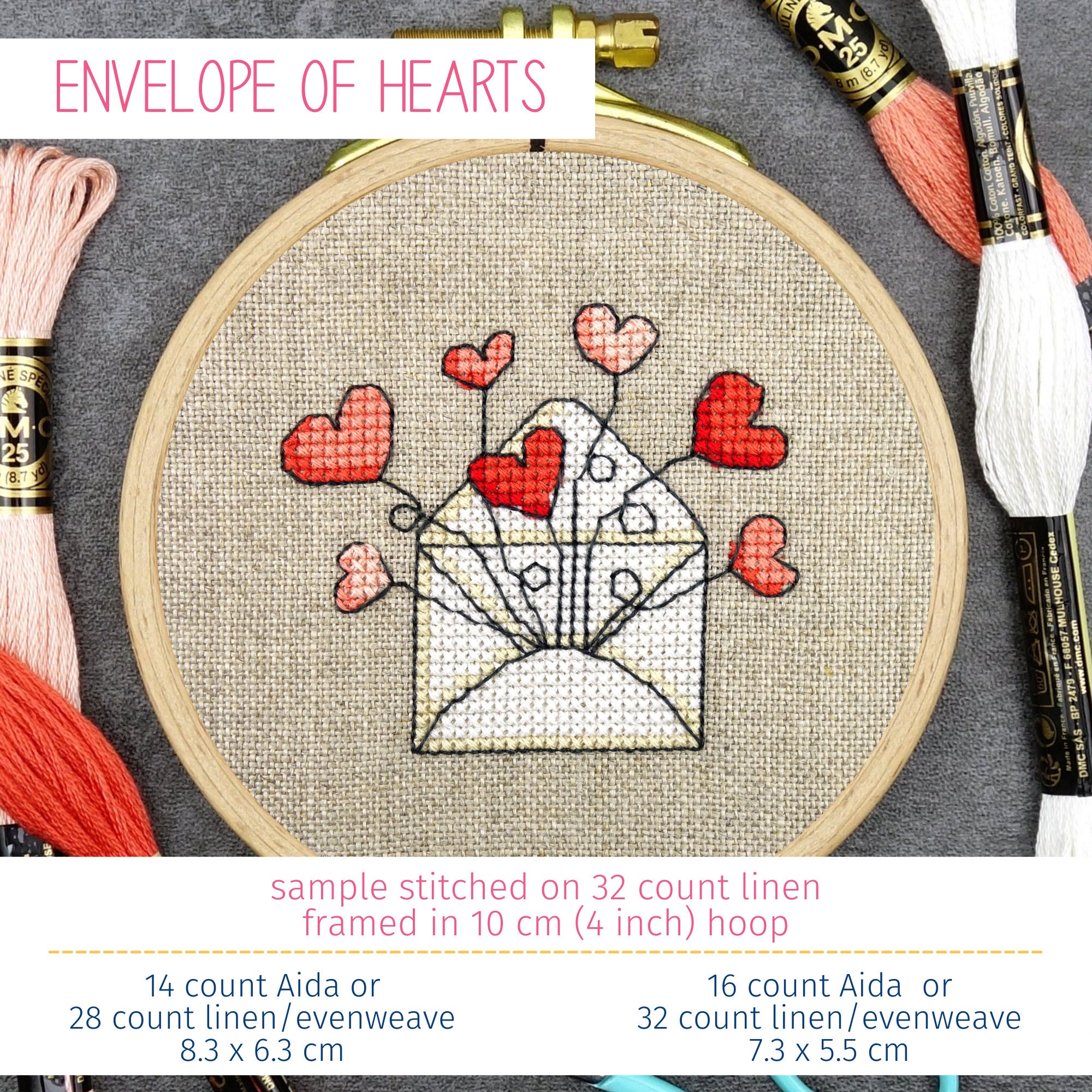 Mini Envelope of Hearts Cross Stitch Pattern for Valentines Day ...