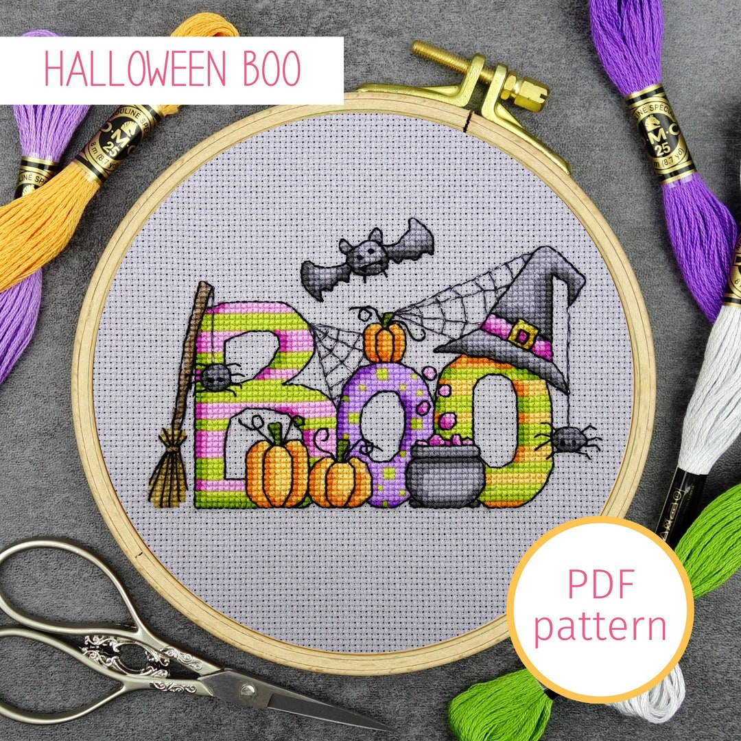 Halloween BOO Cross Stitch Pattern, Spooky Witch Cross Stitch Pattern ...