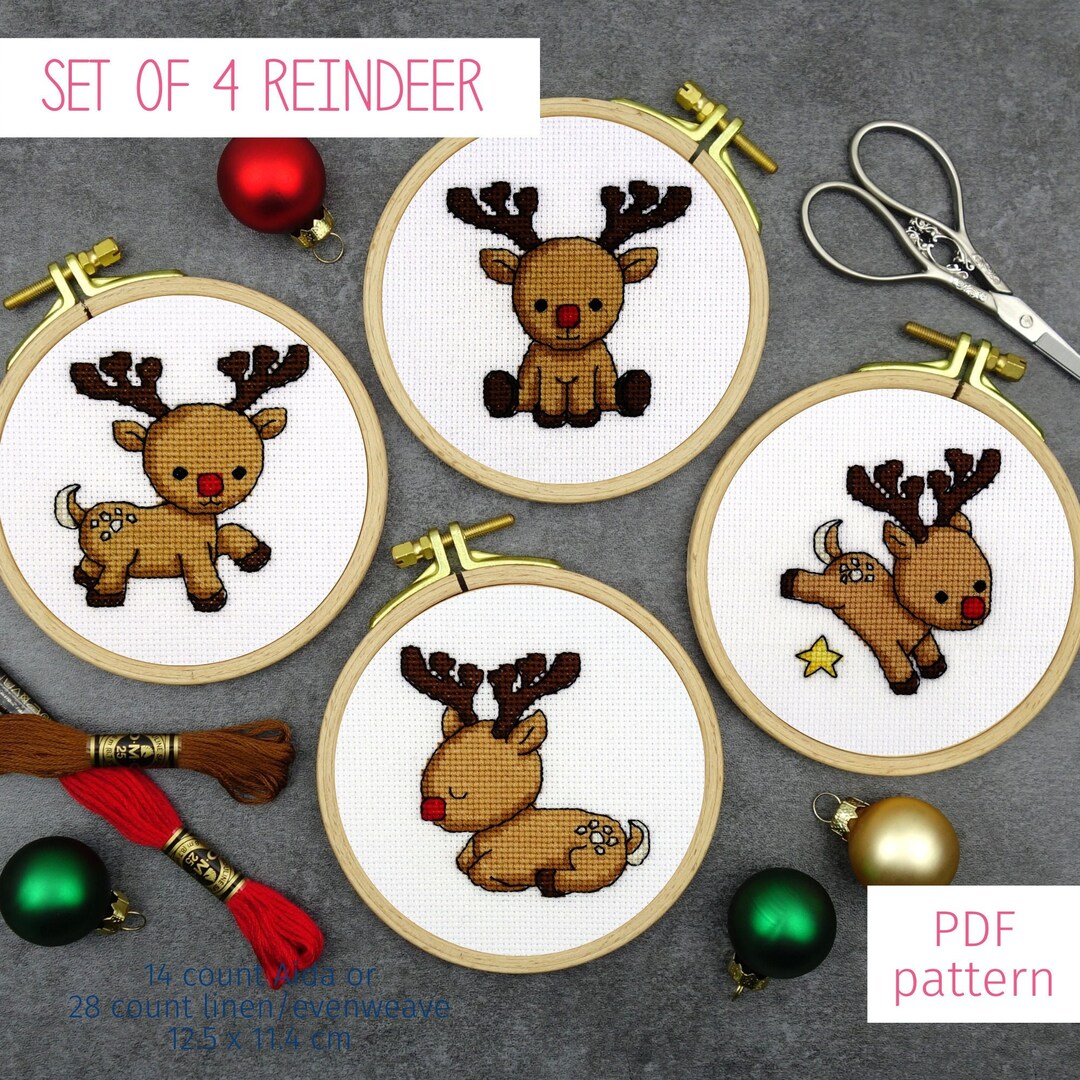 Set of 4 Cute Reindeer Cross Stitch Patterns | Christmas Cross Stitch ...