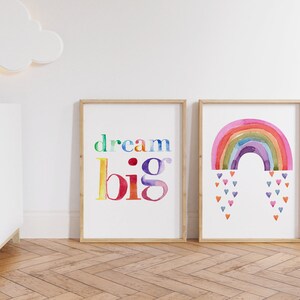 Dream Big Rainbow Nursery Bedroom Sign, Set of 2 Prints, Nursery Wall ...