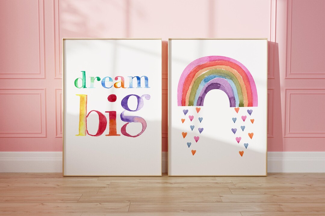 Dream Big Rainbow Nursery Bedroom Sign, Set of 2 Prints, Nursery Wall ...